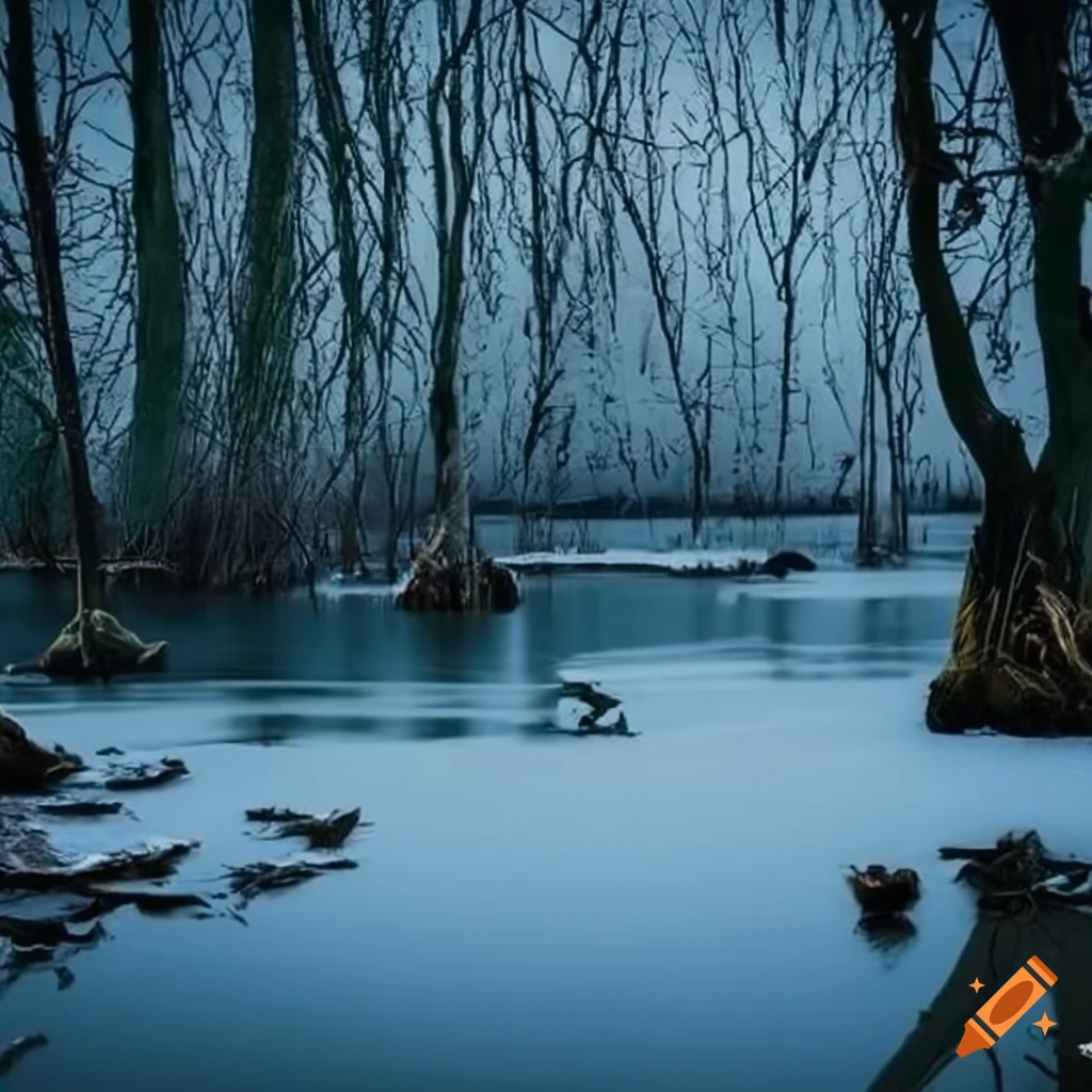 Snow-covered swamp on Craiyon