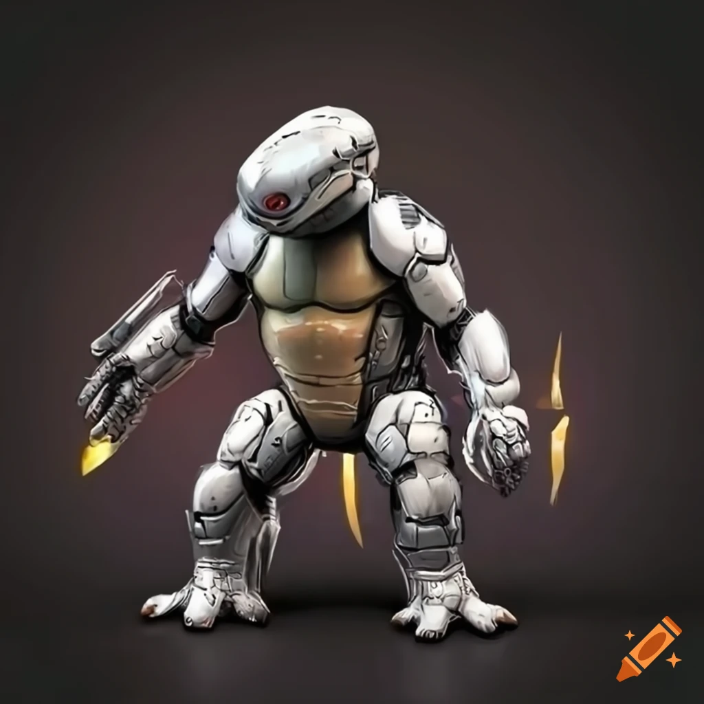 Illustration of a futuristic cyborg turtle character on Craiyon