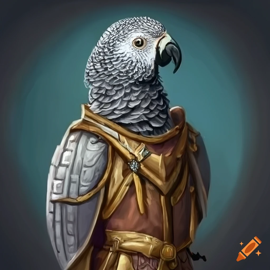 Detailed artwork of a anthropomorphic parrot in cleric cloak and armor