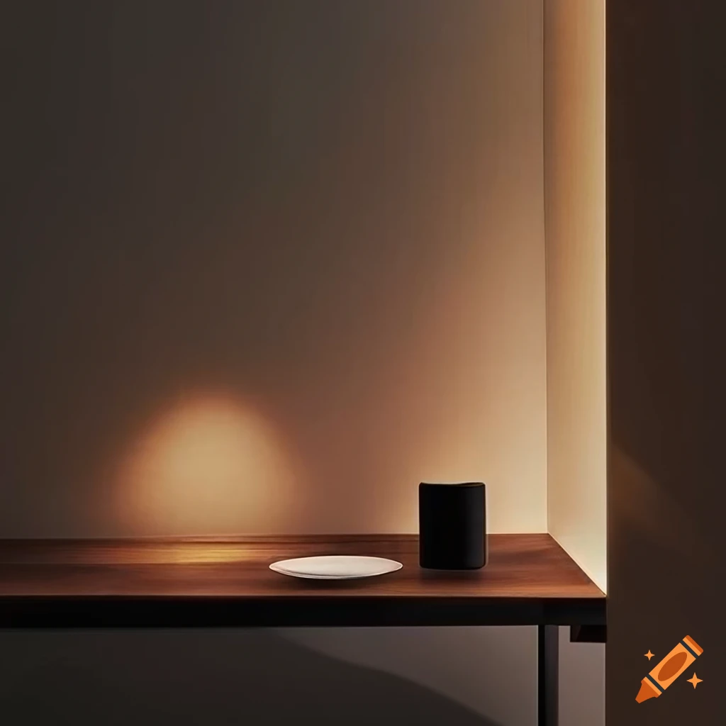 Minimalist dining table in a dimly lit room