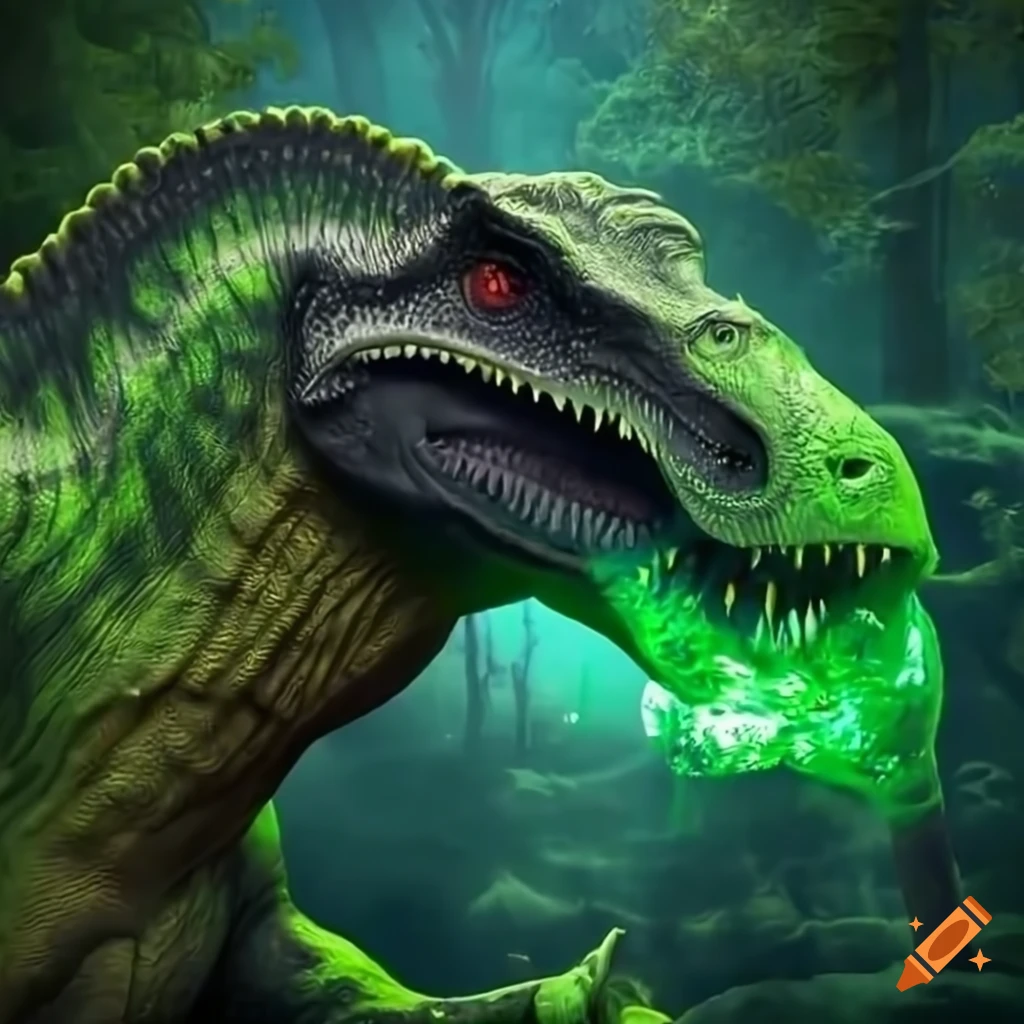 Illustration of a glowing green dinosaur in a forest on Craiyon