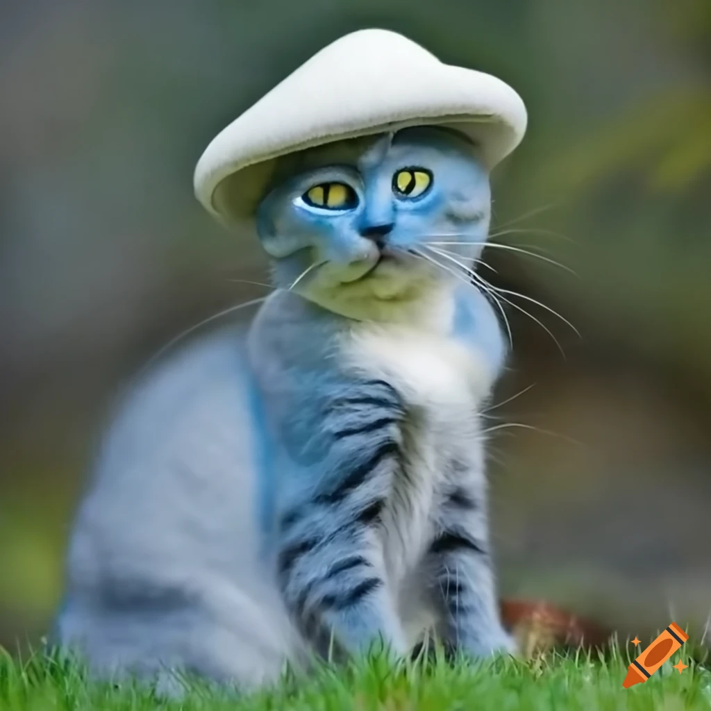 Artistic depiction of a blue cat wearing a mushroom hat on Craiyon