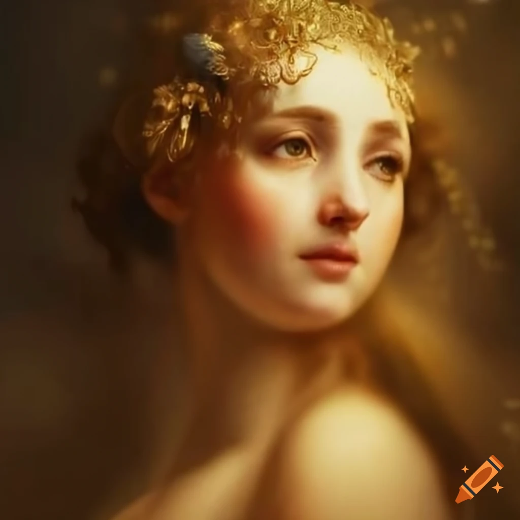 Artwork of a golden light surrounding a maiden on Craiyon