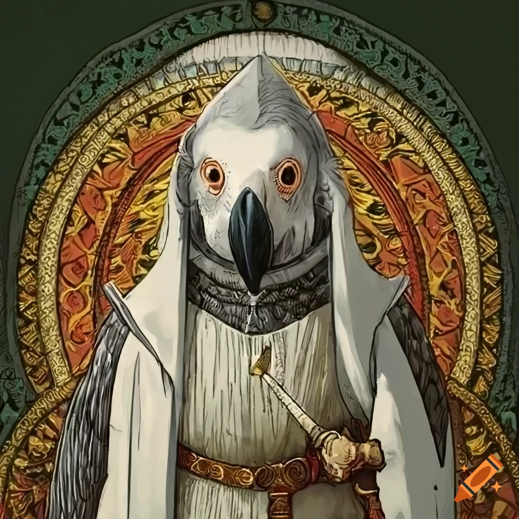Illustration of an anthropomorphic parrot in cleric attire on Craiyon