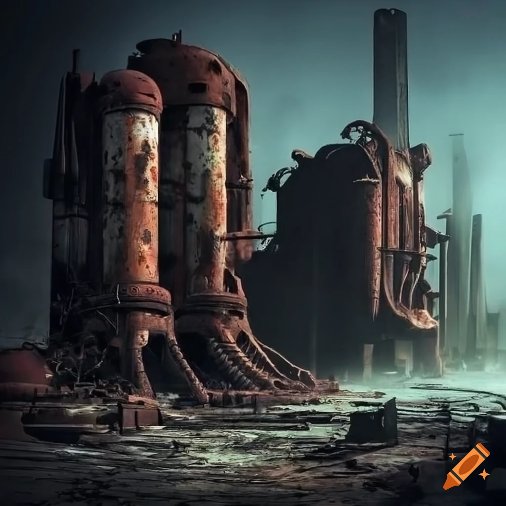 Interior of a bright and foggy abandoned factory with old machines on ...