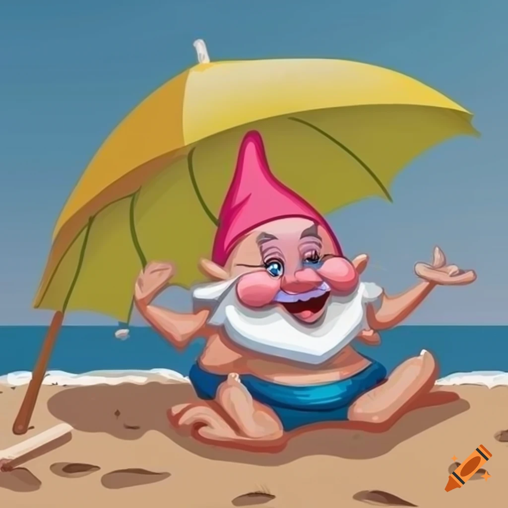 Cartoon of a happy dwarf sunbathing on the beach