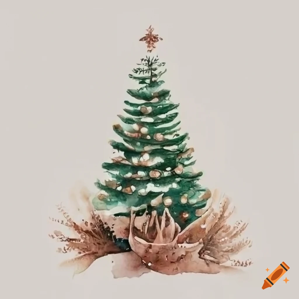 Detailed watercolor portrait of a decorated christmas tree on white ...