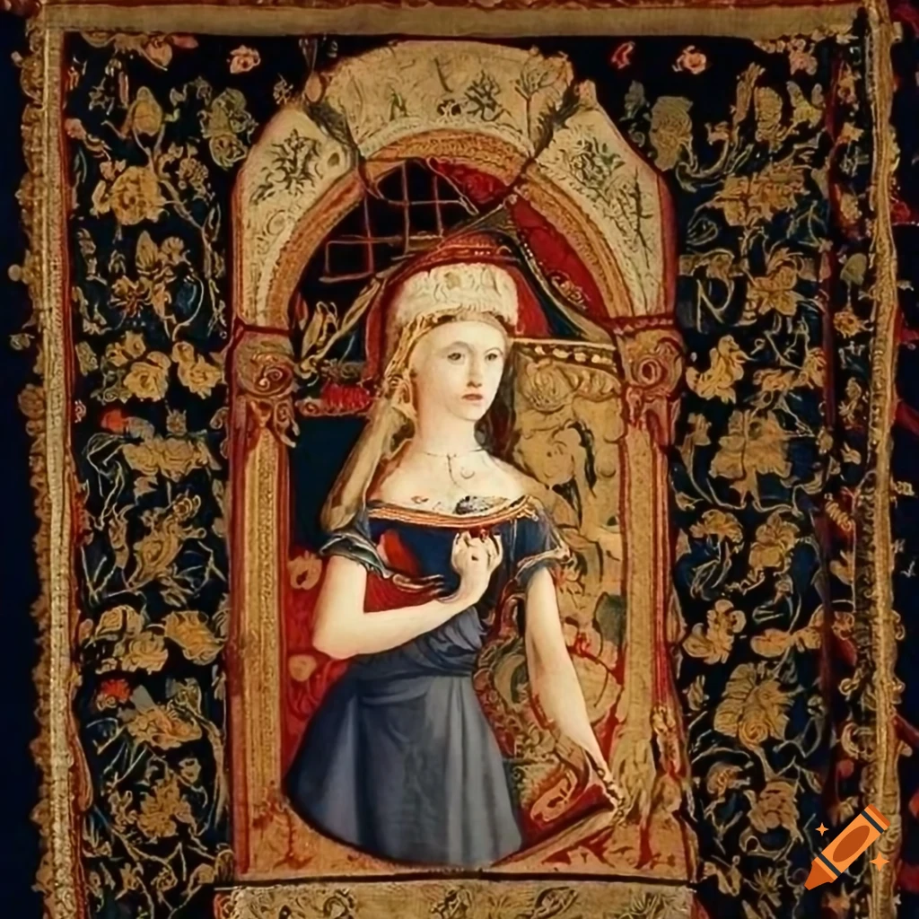 Medieval tapestry with a woman and a prince on Craiyon