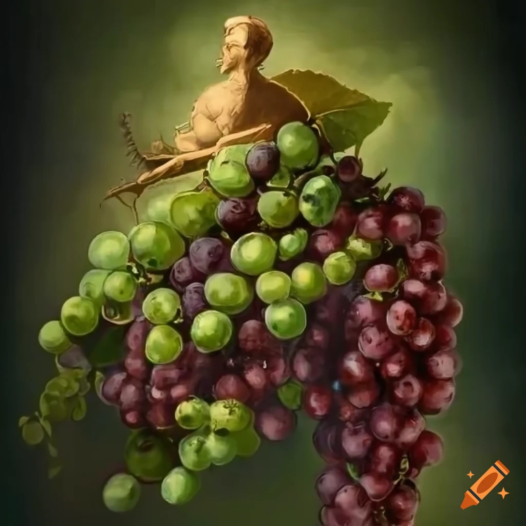 Artistic representation of a greek deity wearing grapes
