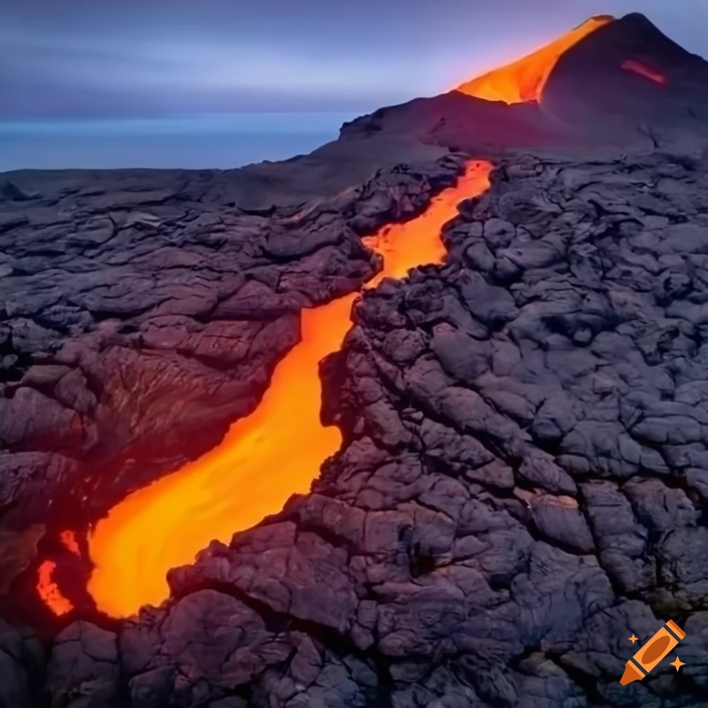 View of a distant volcano and lava flow