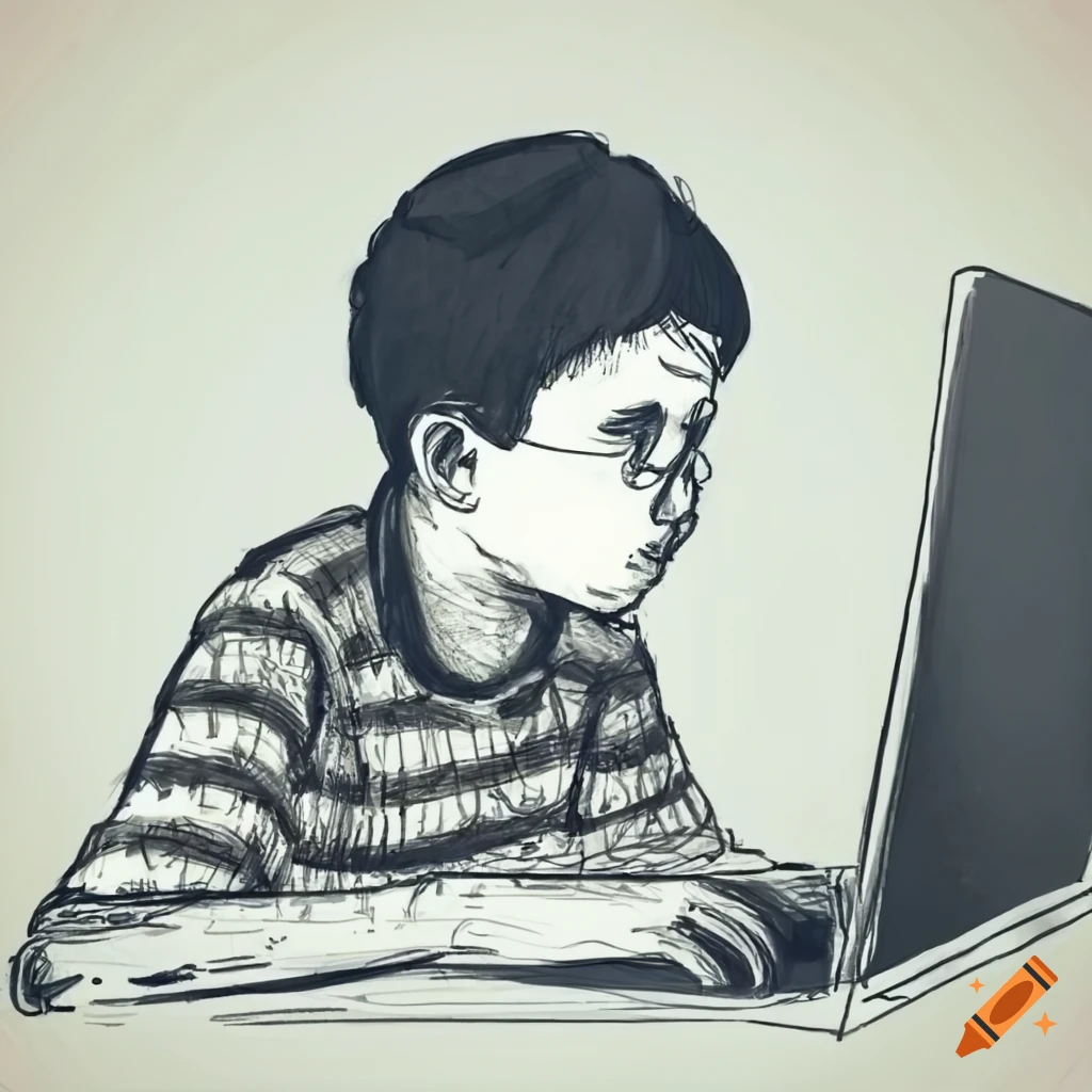 Sketch of a student contemplating while working on his computer on Craiyon