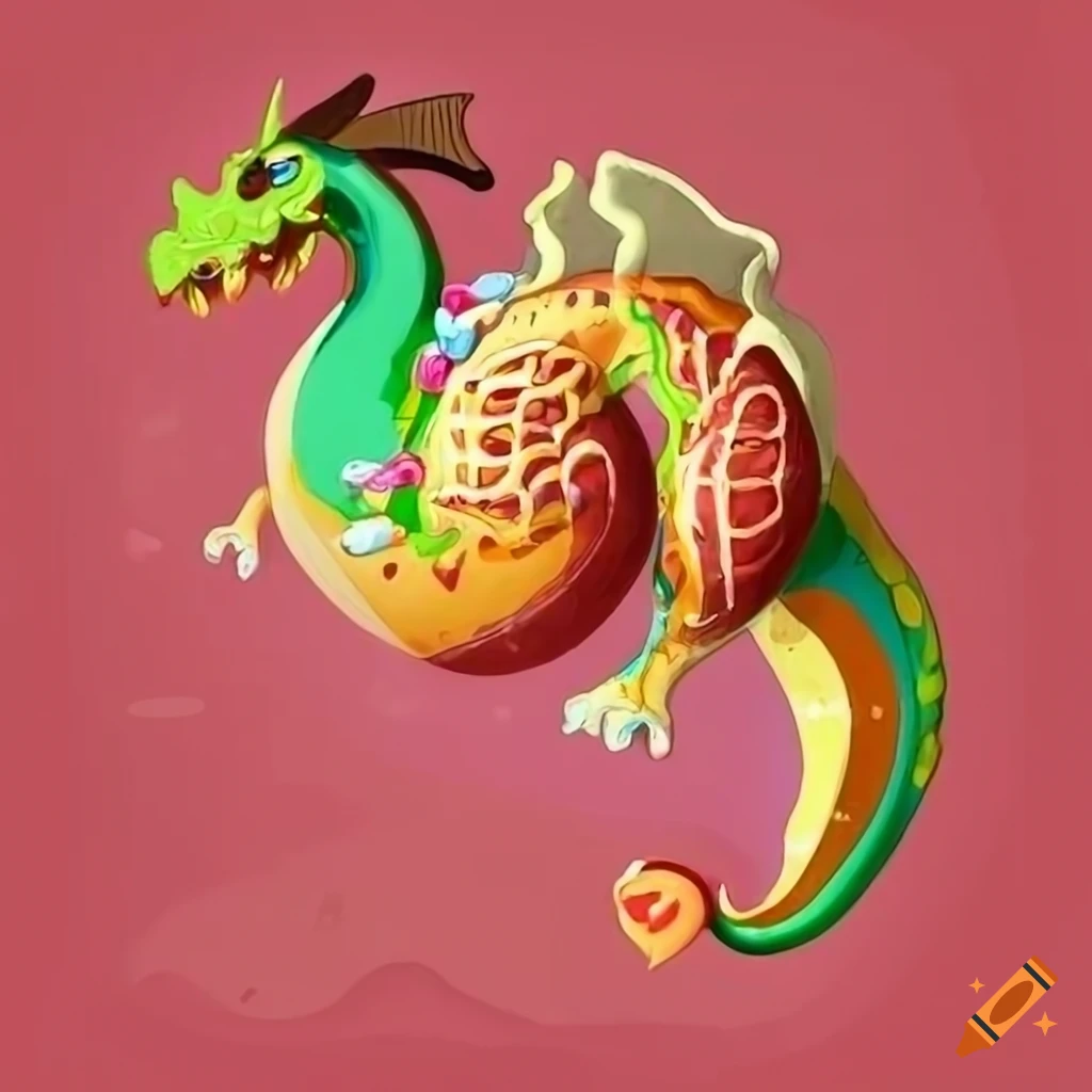 Cartoony diagram of a cute chocolate dragon with candy organs on Craiyon