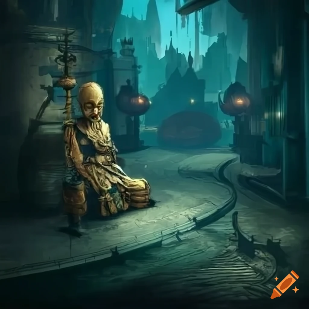 Scene of devil monks at a black pagoda in an mmorpg on Craiyon