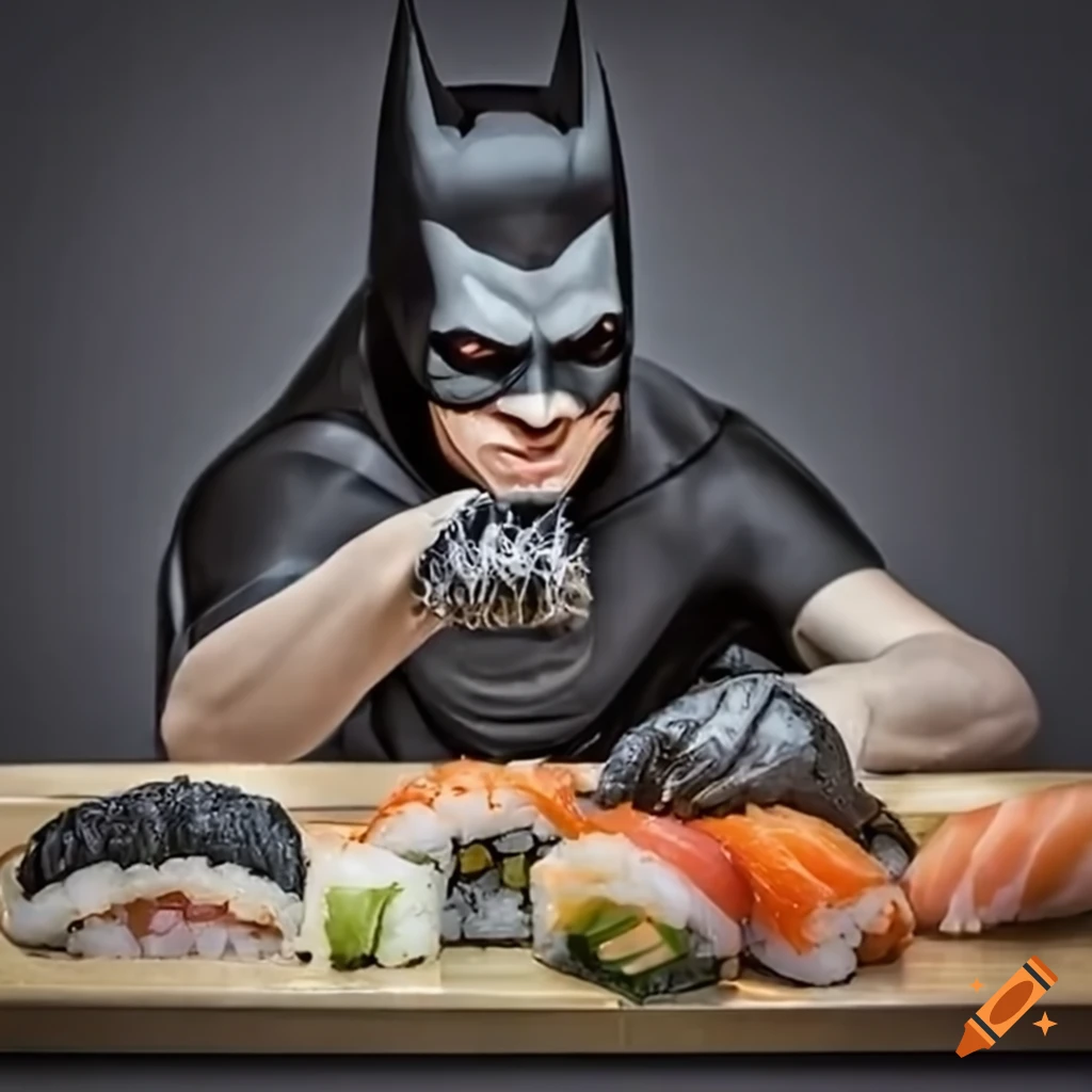 Humorous image of batman making sushi on Craiyon