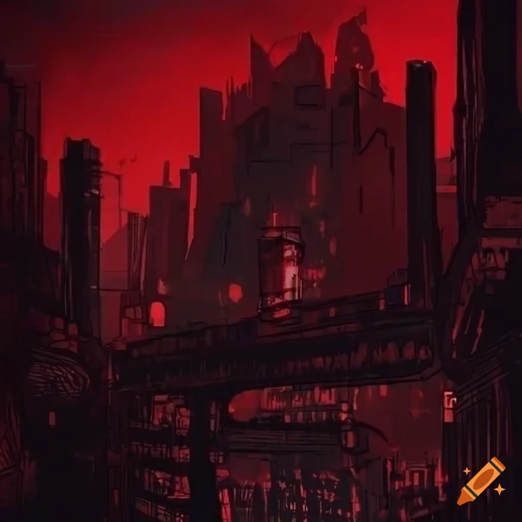 Red cyberpunk factory illustration on Craiyon