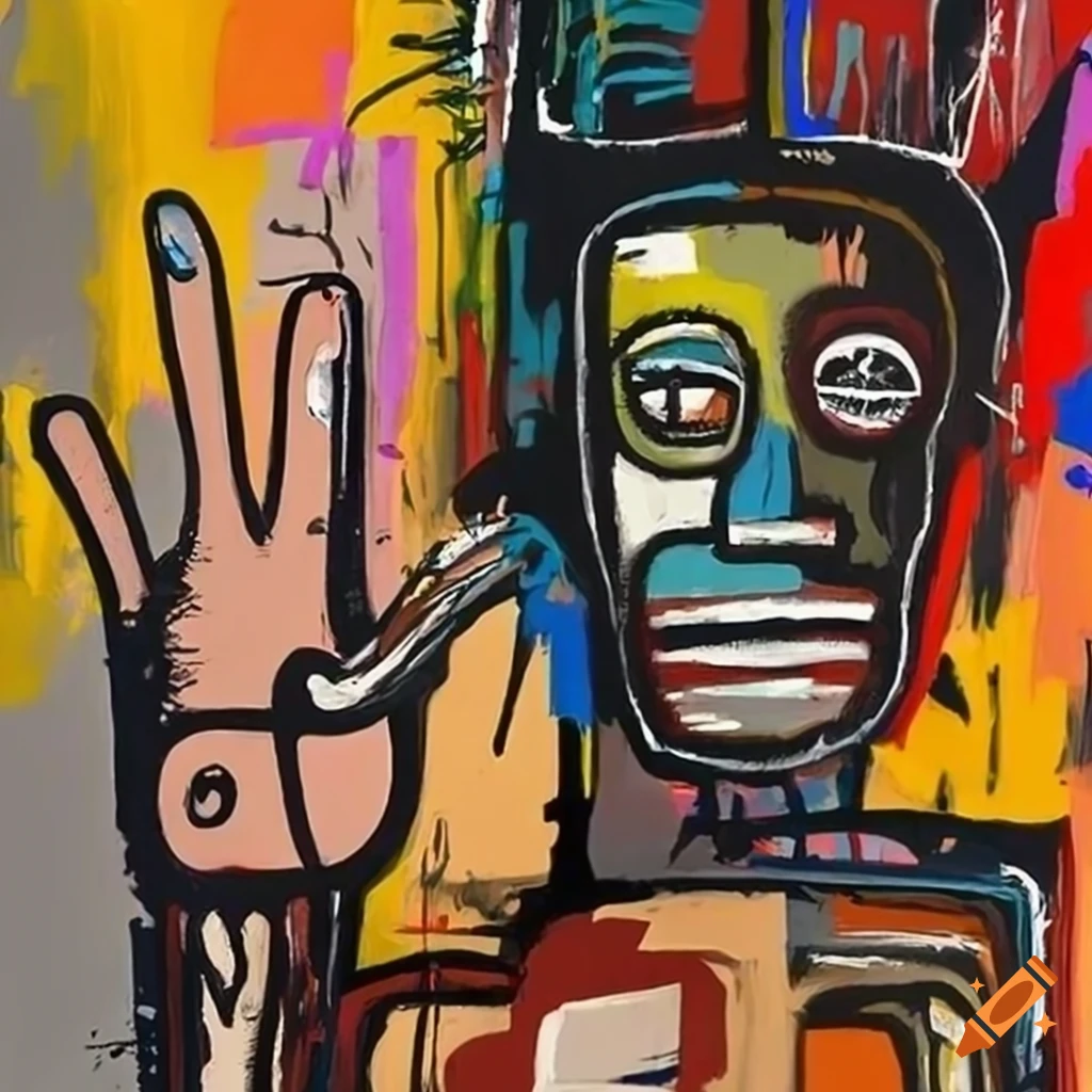 Painting of basquiat symbols with raised hands on Craiyon