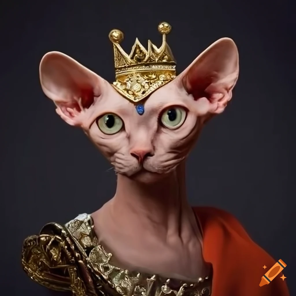 Sphynx cat dressed as a king with jewels and crown on Craiyon