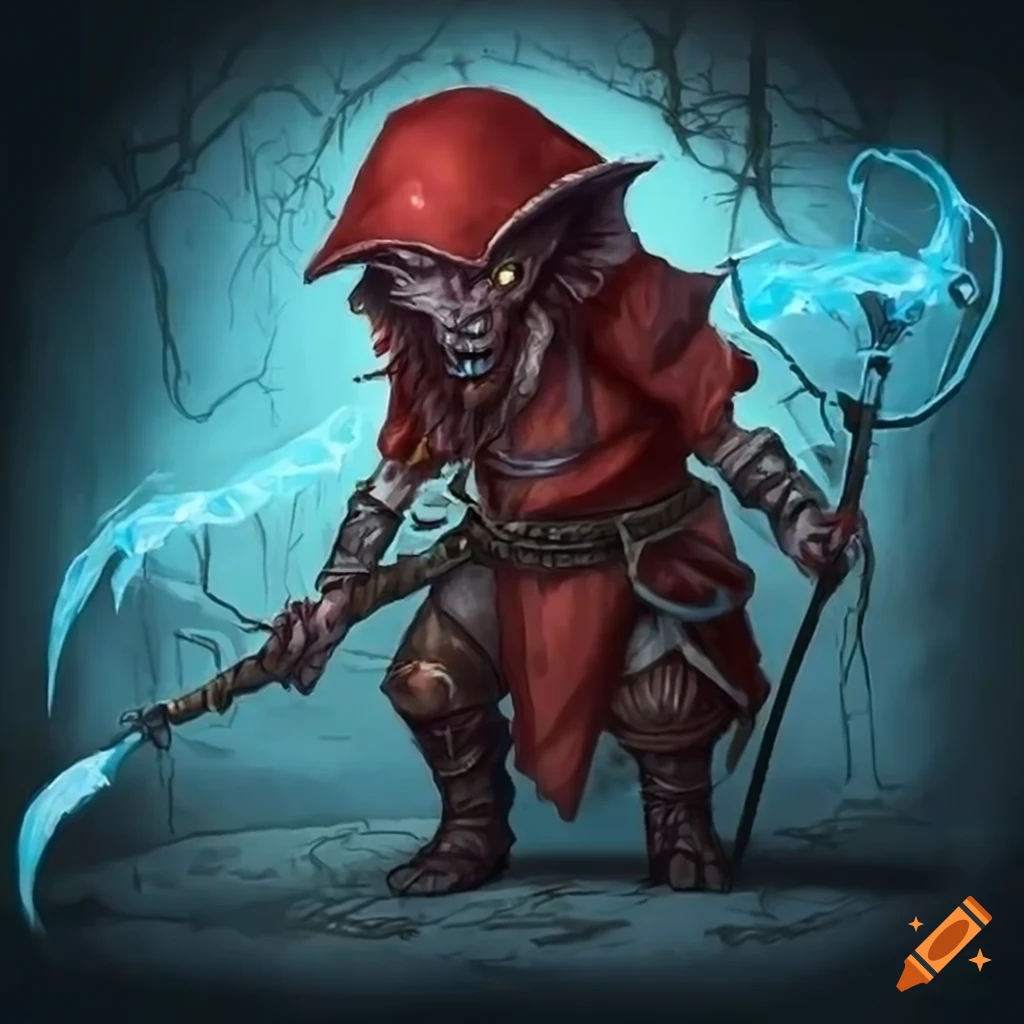 Illustration of a menacing D&D Redcap wielding an icy sickle on Craiyon