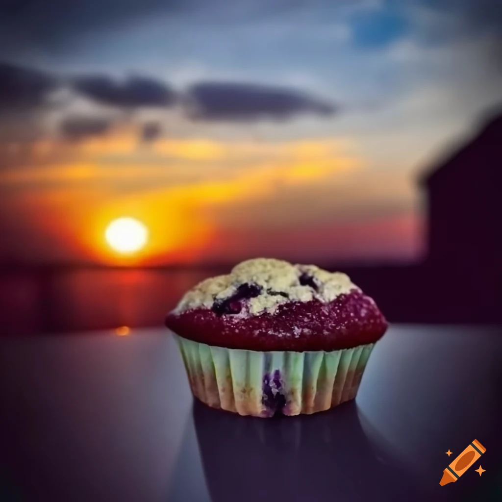 Blueberry muffin with crumb top and sunset background