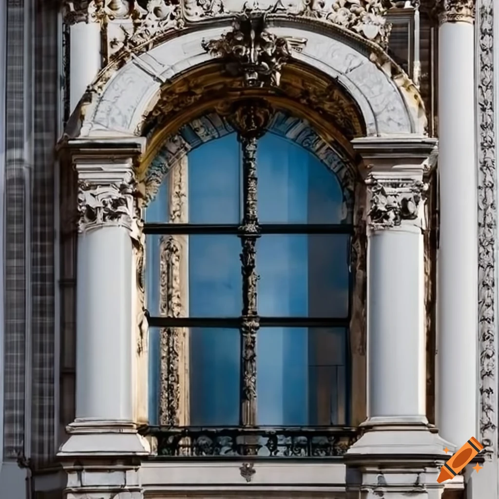Iron windows and white staircase in a palace