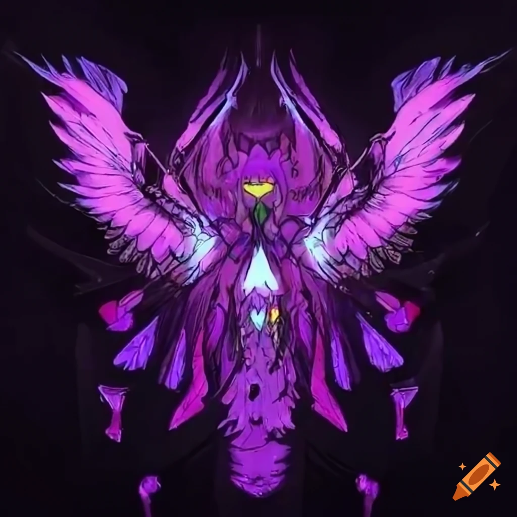 Artwork of a winged character in purple and black on Craiyon