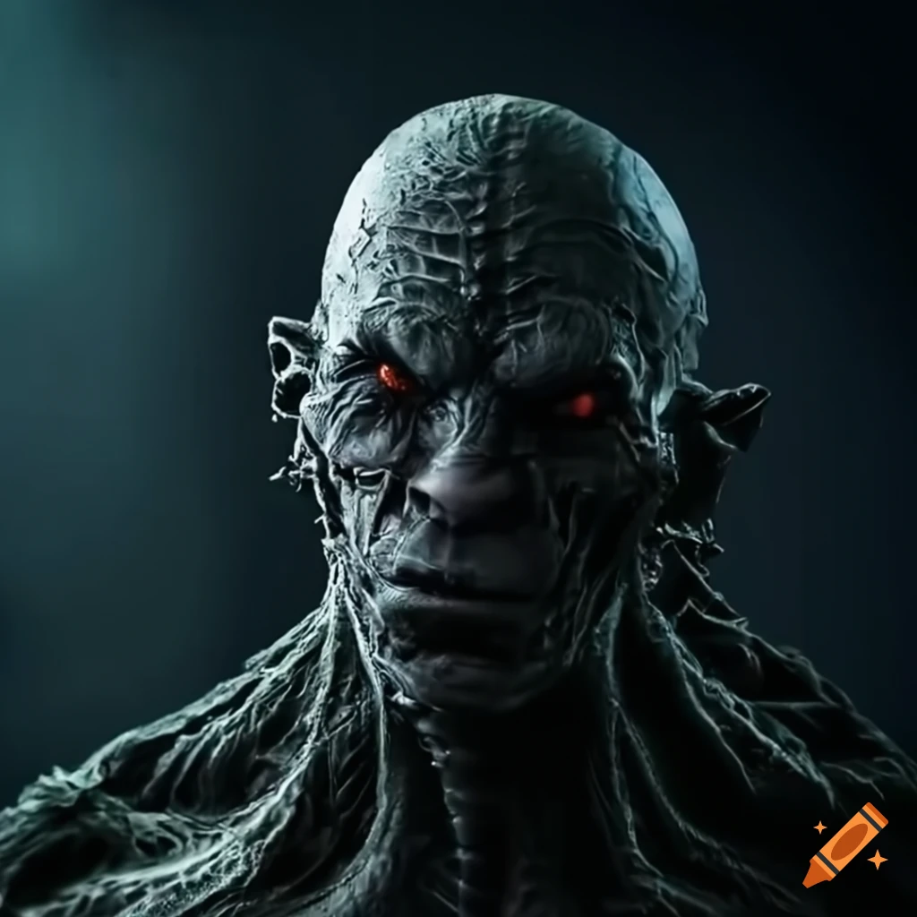 Cinematic portrayal of a humanoid monster on Craiyon