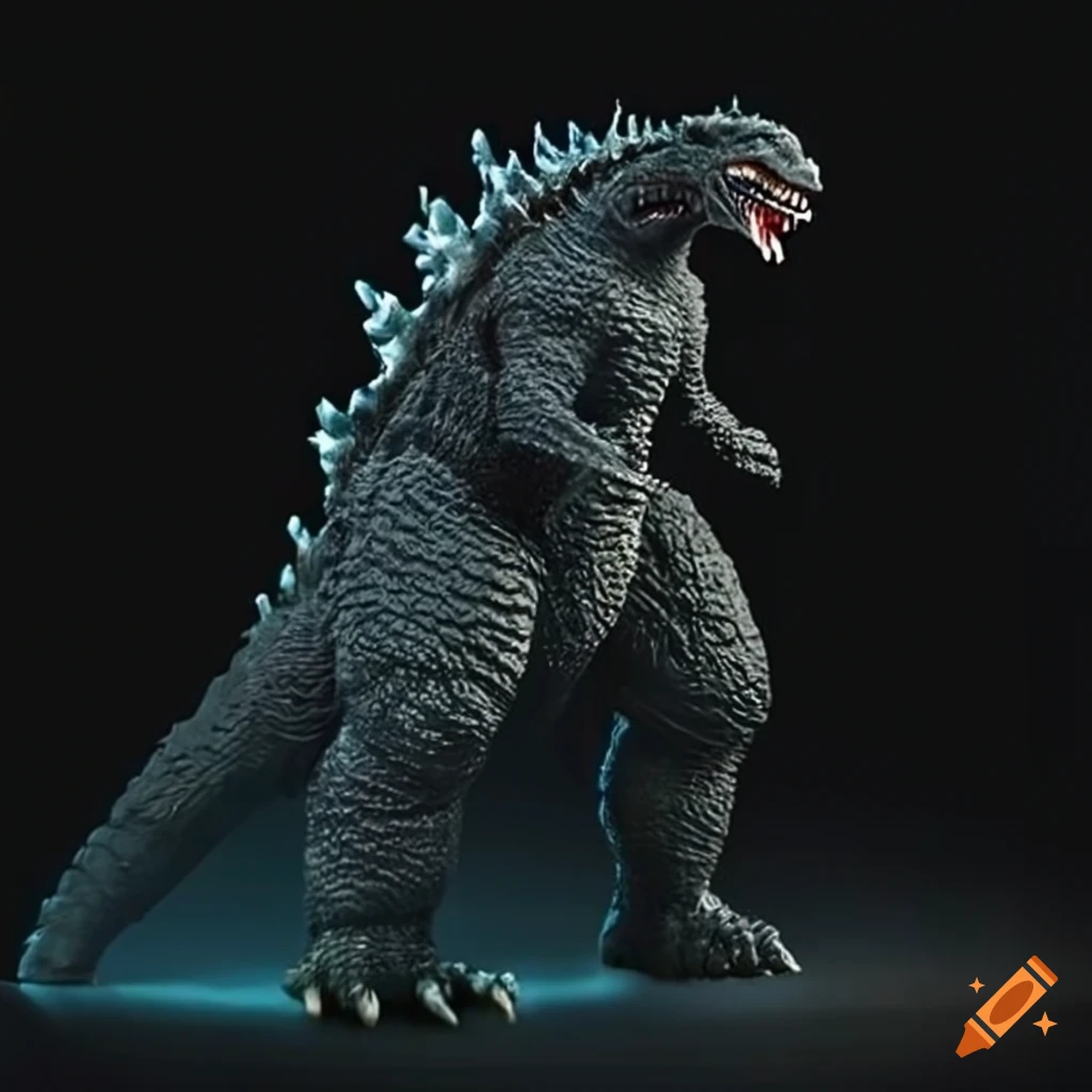 A giant brown reptilian kaiju in a dark blue city on Craiyon