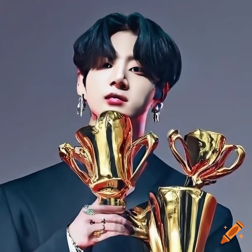Jungkook holding trophies on golden background on Craiyon