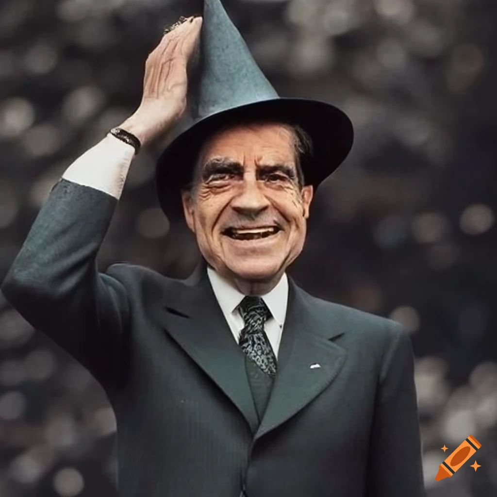 Richard nixon wearing a wizard hat and smiling