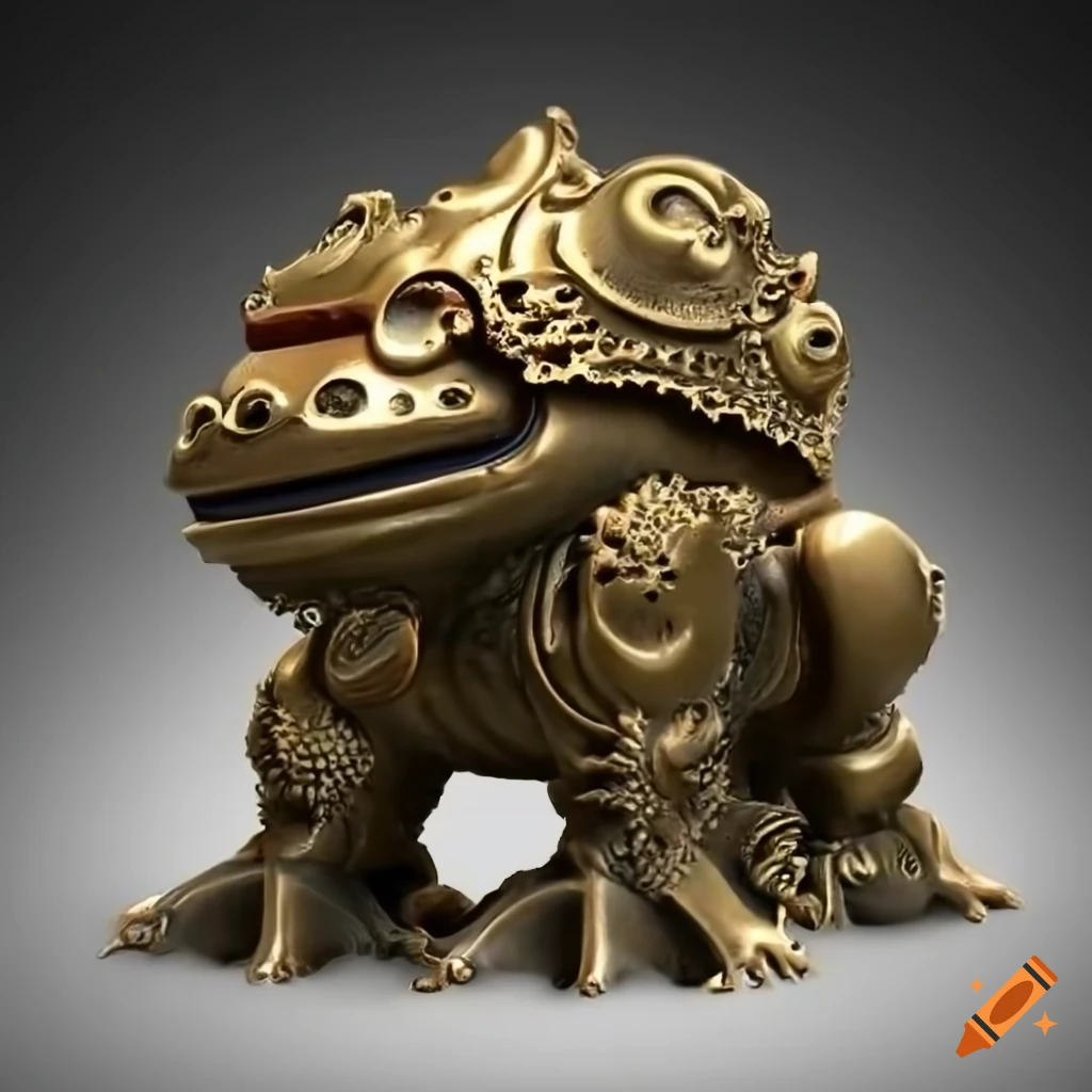 Sculpture of a corroded bronze frog in an ancient temple on Craiyon