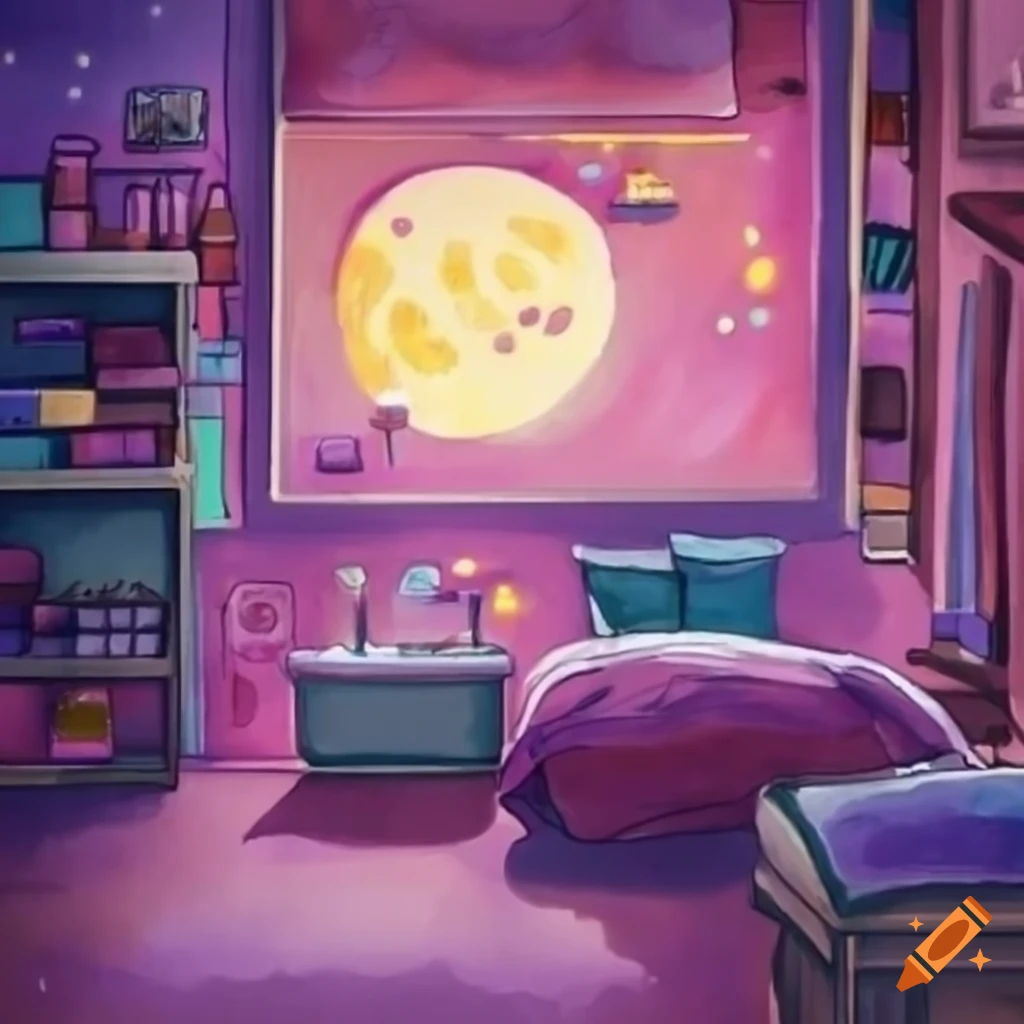 Artistic drawing of a cozy lofi bedroom at night on Craiyon