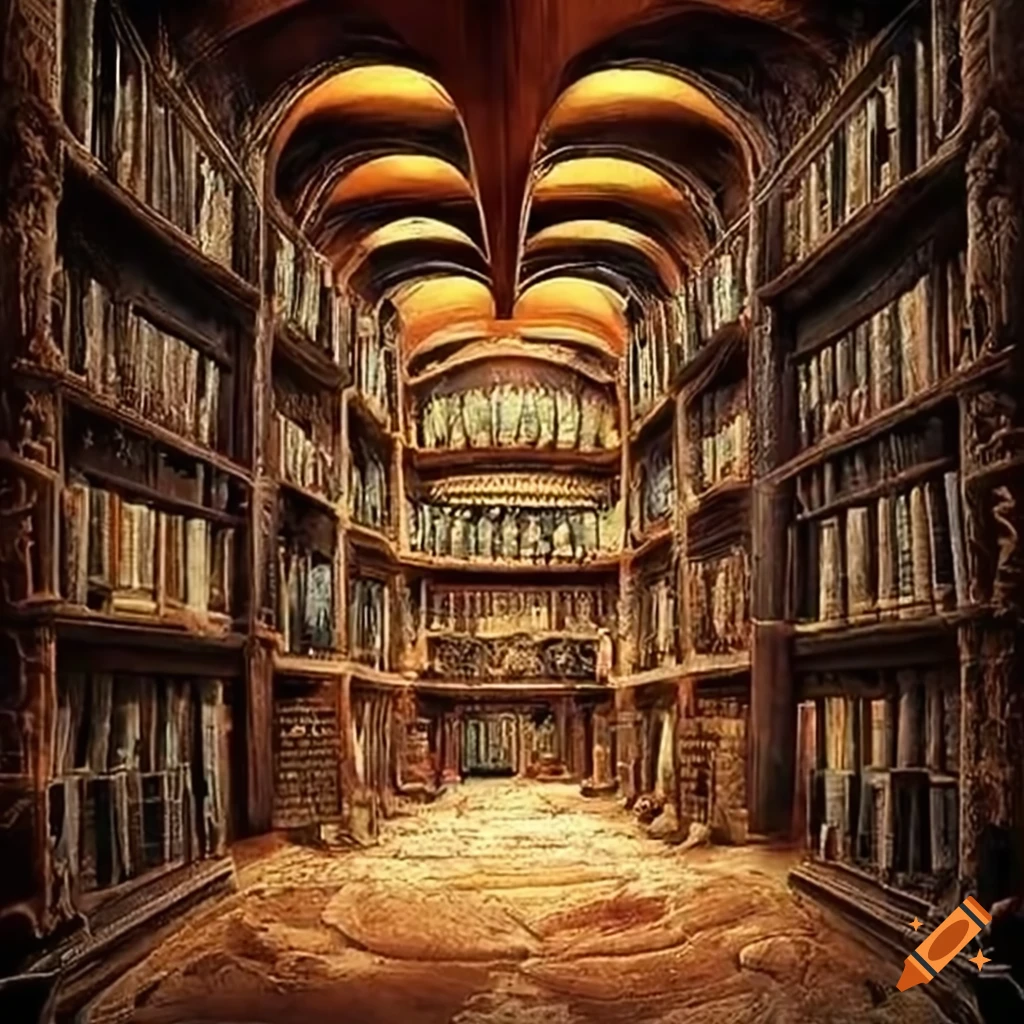 Image of a mysterious library in a remote cave