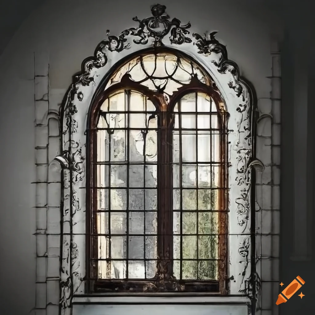 Iron windows and white staircase in a palace on Craiyon