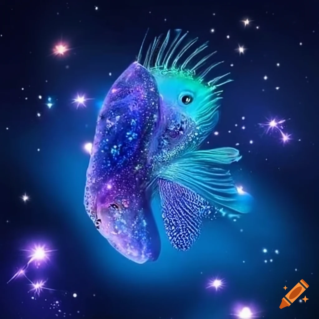 Glittering blue ocean with alien fish swimming towards another ...