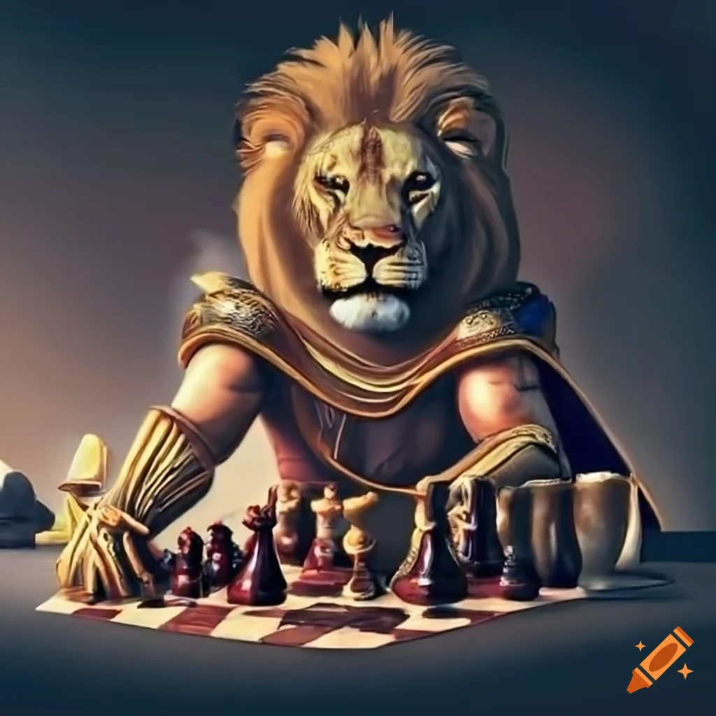 Artwork of a lion playing chess on Craiyon