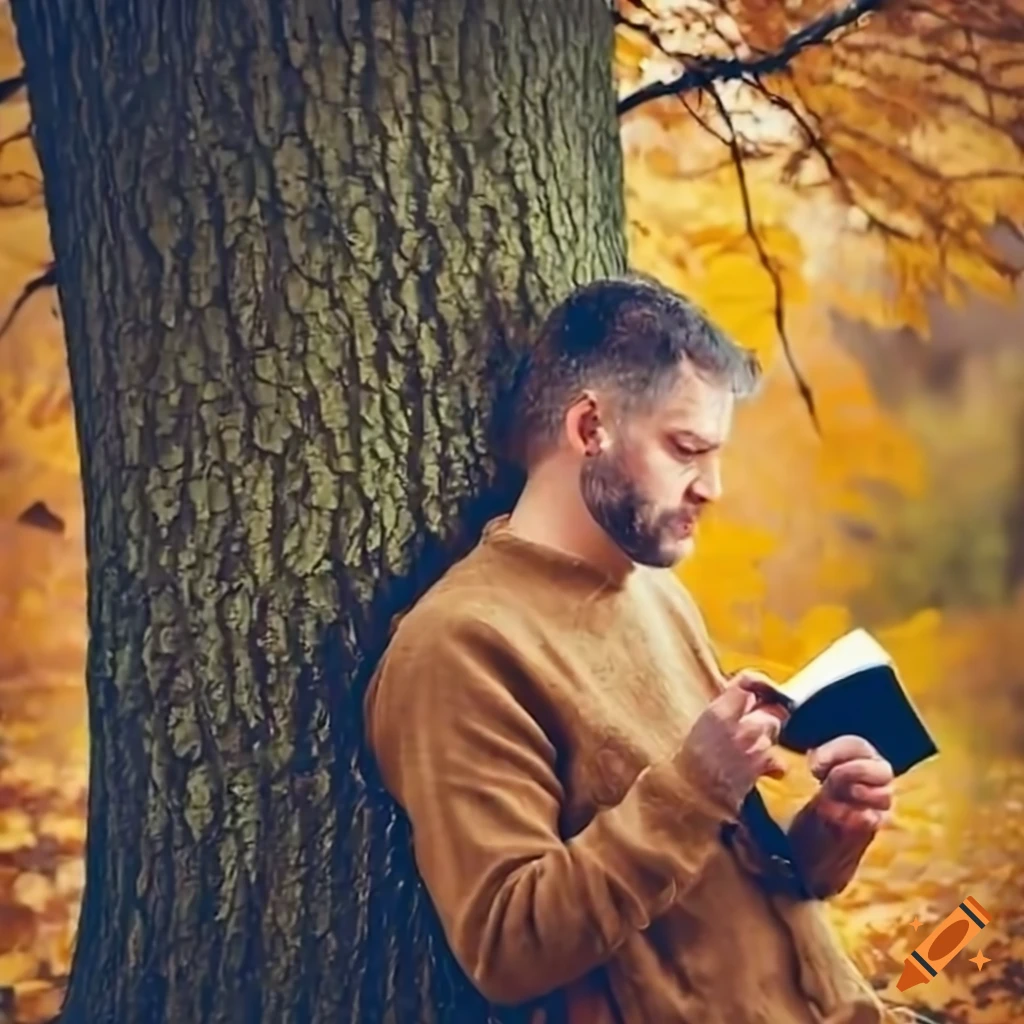 Man reading a book under a tree in rainy autumn weather