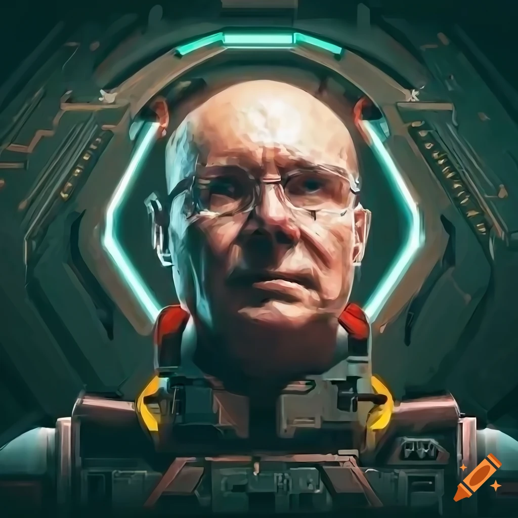 Portrait of an old spaceship programmer in a sci-fi computer room on ...