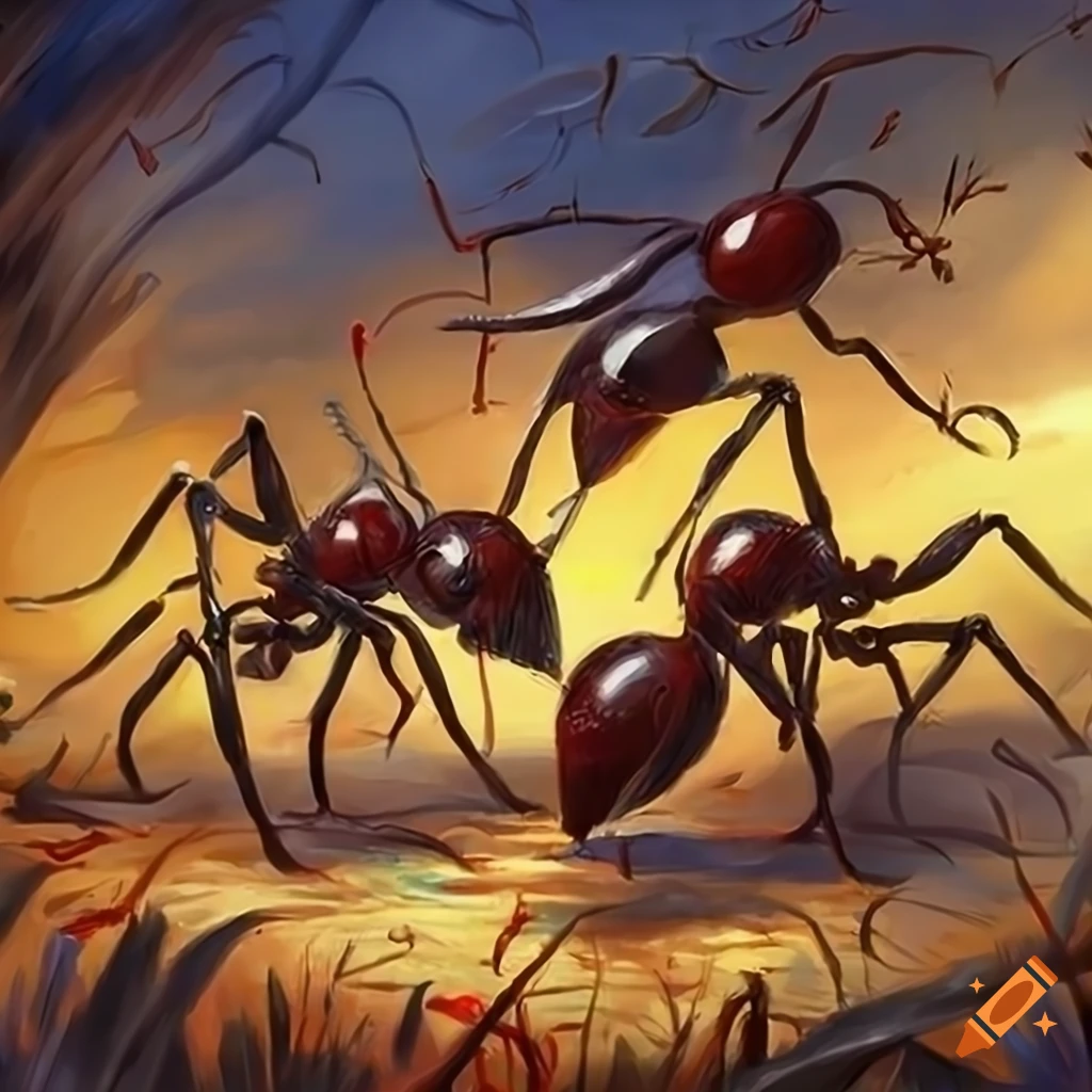 Oil painting of a group of giant army ants running across a field on ...