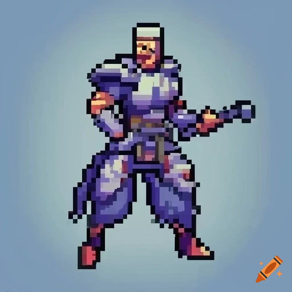 Pixel art of a zealous battle cleric in a dramatic pose on Craiyon