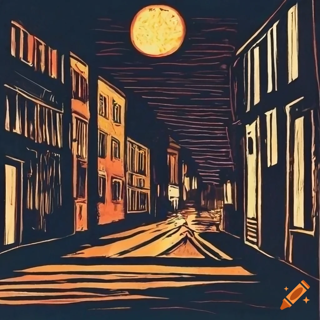 Woodcut print of a city street at night with car lights on Craiyon