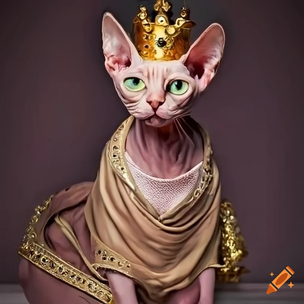 Sphynx cat dressed as a king with jewels and crown