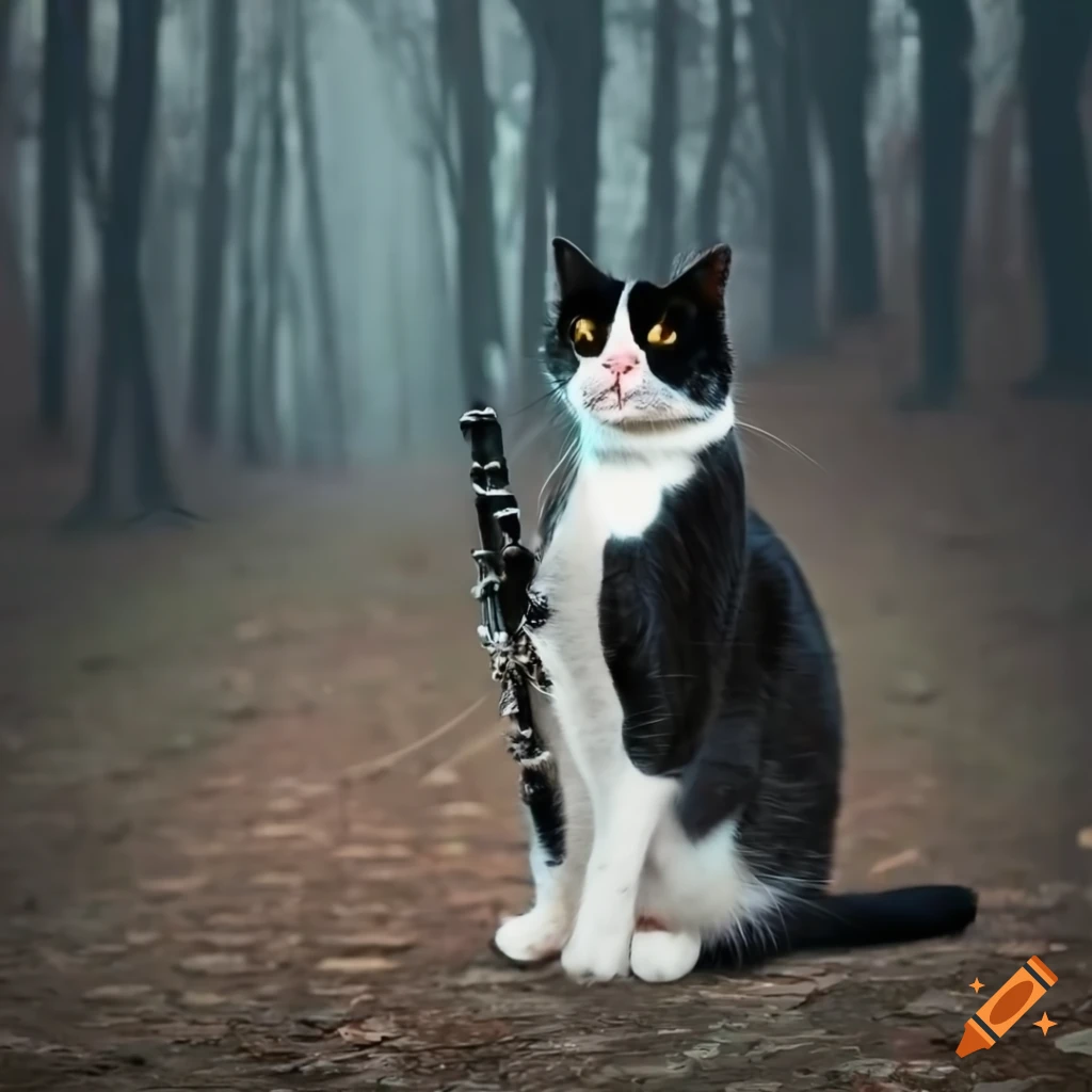 Spooky scene with a tuxedo cat and a clarinet in the forest on Craiyon