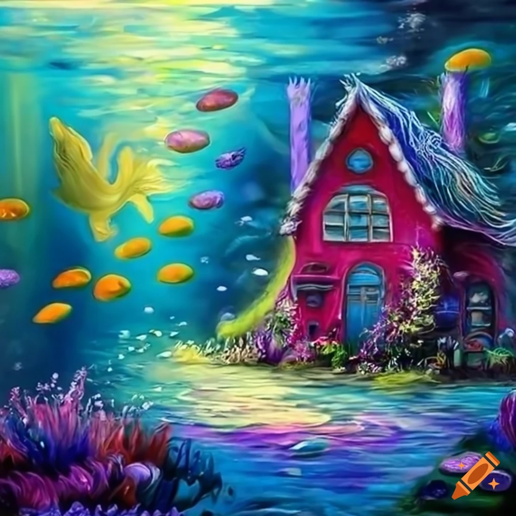 Artwork of an underwater world with a magical house and mermaids on Craiyon