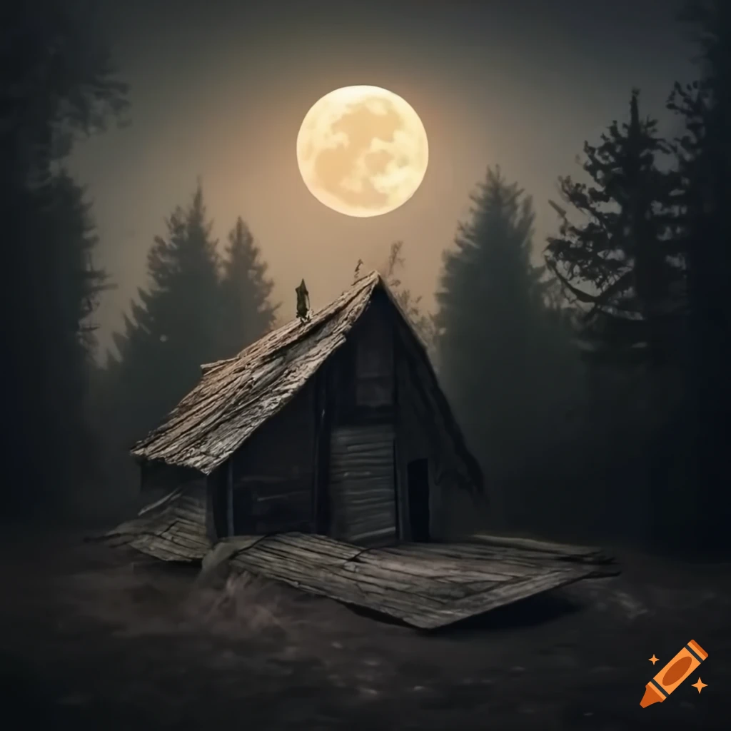 Creepy hut in the woods under the full moon on Craiyon
