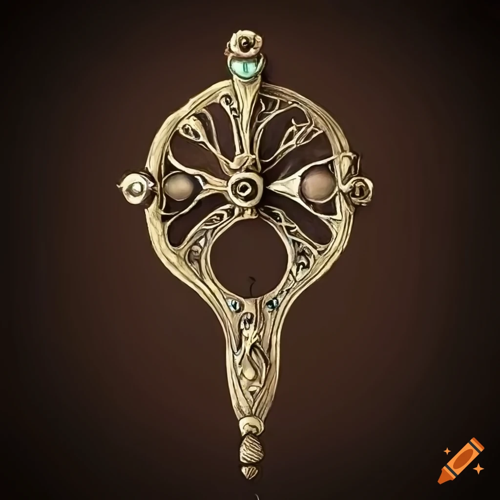 Detailed sketch of a medieval fibula with intricate designs