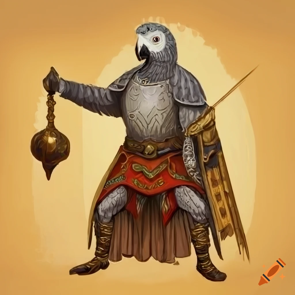 Illustration of a warrior pigeon in a fantasy setting on Craiyon