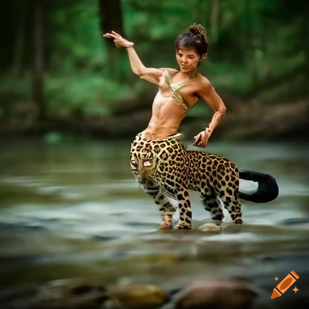 Cinematic photograph of two leopard-centaurs resting in a forest river on Craiyon