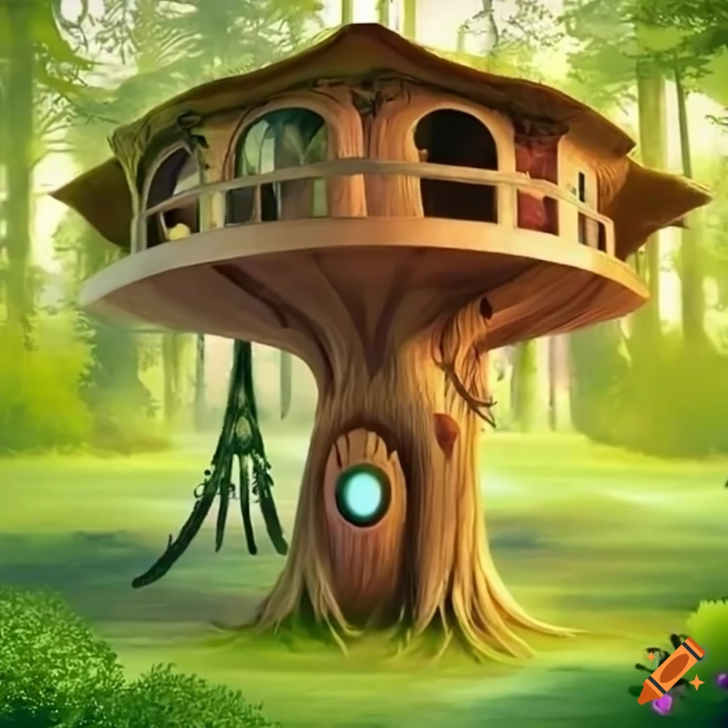 Rustic treehouse with kitchen, lounge, and bedroom nook on Craiyon