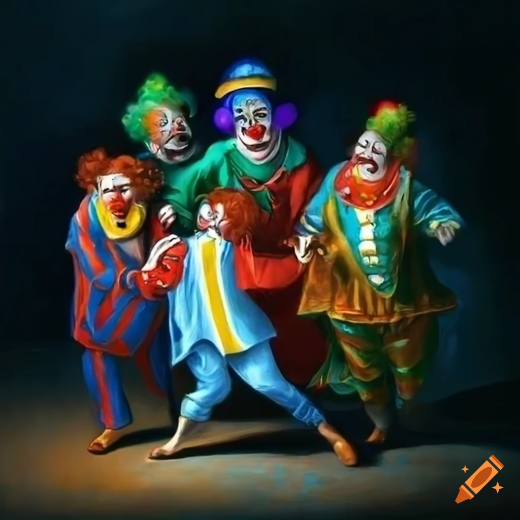 Photorealist painting of clowns excluding one from their group on Craiyon
