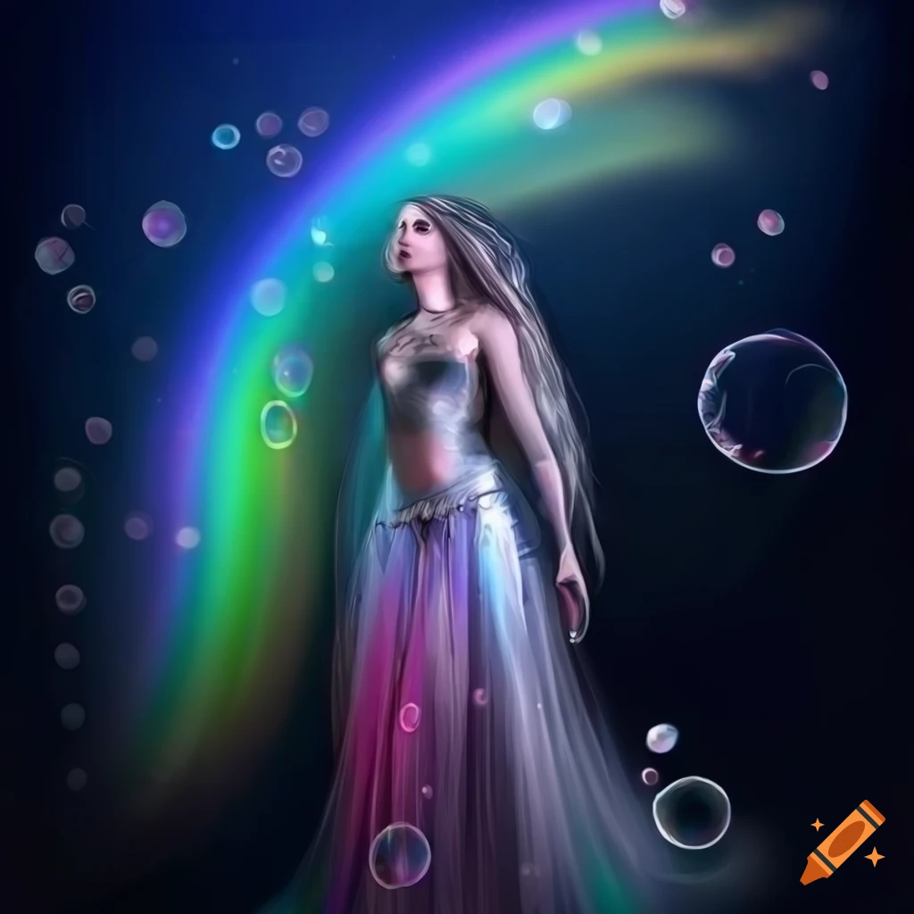 Fantasy art of a silver-skinned girl with rainbow wings flying into ...